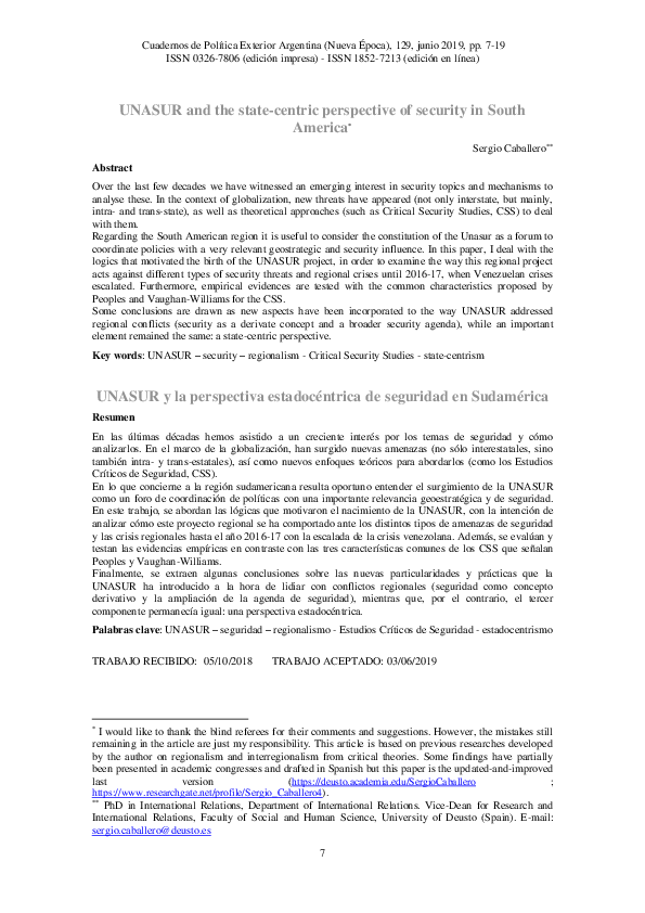 (PDF) UNASUR and the state-centric perspective of security in South America
