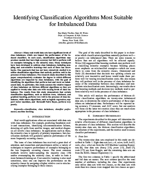 (PDF) Identifying Classification Algorithms Most Suitable for Imbalanced Data