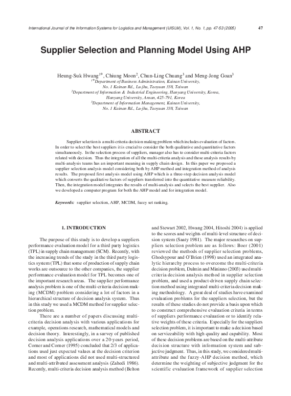(PDF) Supplier Selection and Planning Model Using AHP