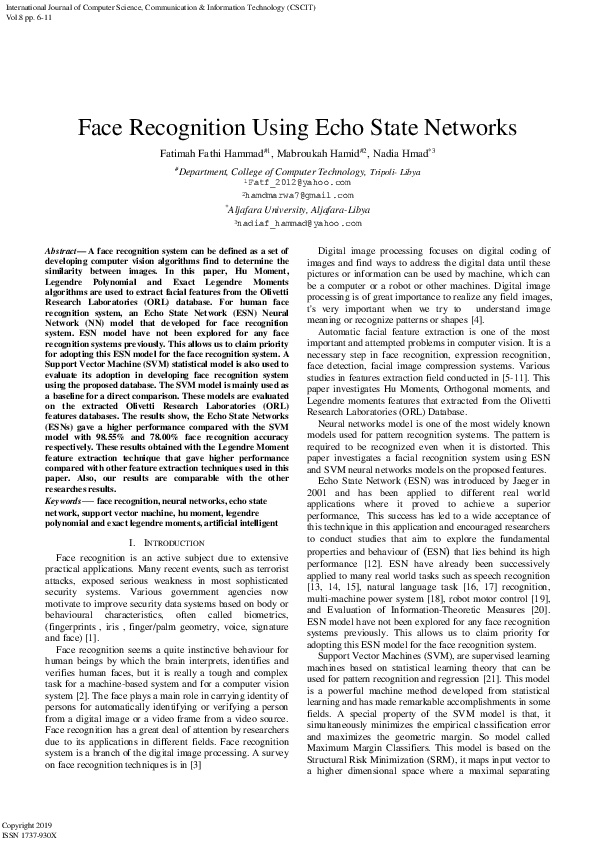 (PDF) Face Recognition Using Echo State Networks