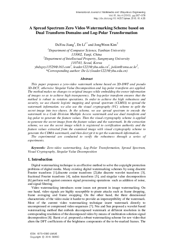 Pdf A Spread Spectrum Zero Video Watermarking Scheme Based On Dual Transform Domains And Log