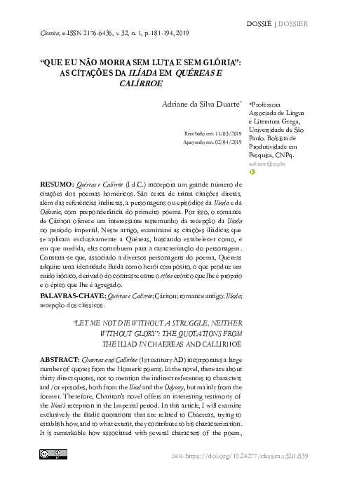 (PDF) "Que eu não morra sem luta e sem glória": as citações da Ilíada ...