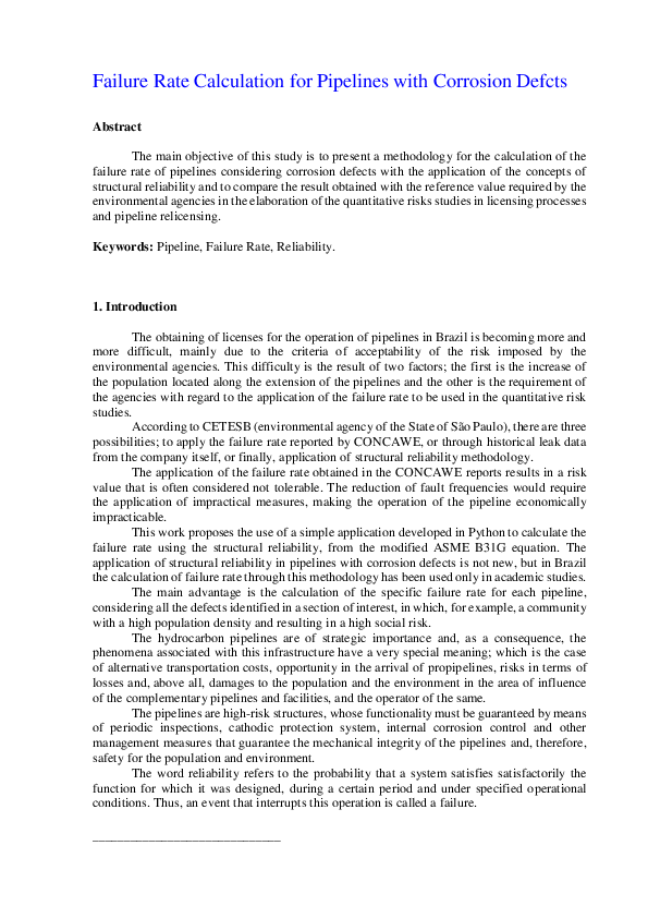 (DOC) Failure Rate Calculation for Pipelines with Corrosion Defcts