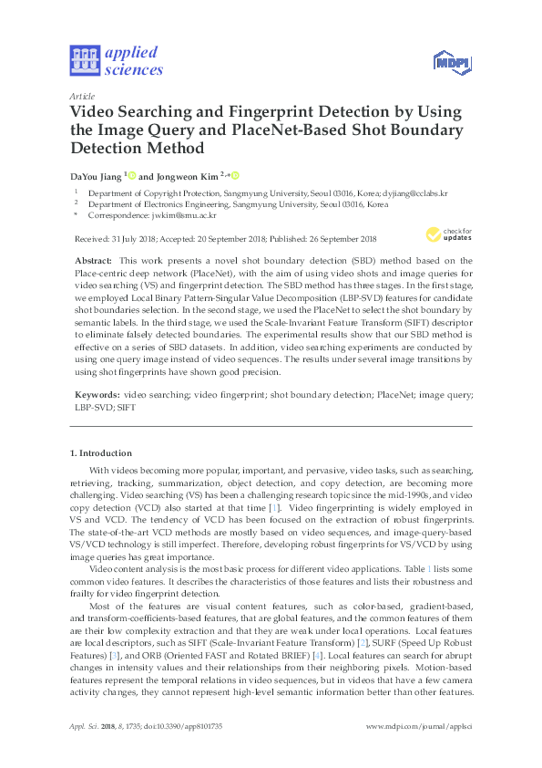 (PDF) Video Searching and Fingerprint Detection by Using the Image Query and PlaceNet-Based Shot ...