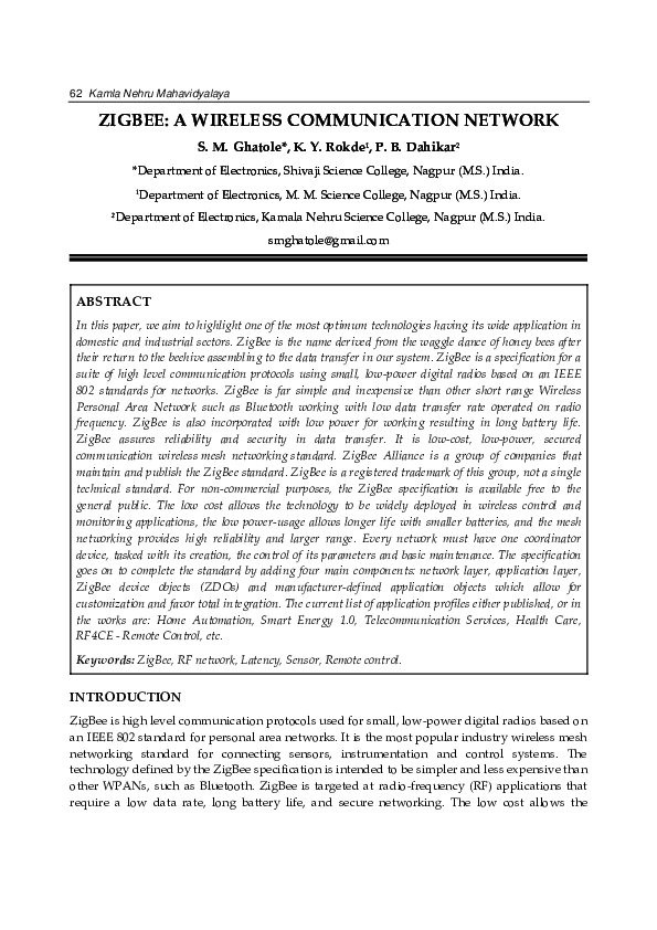 (PDF) ZigBee: A Wireless Communication Network
