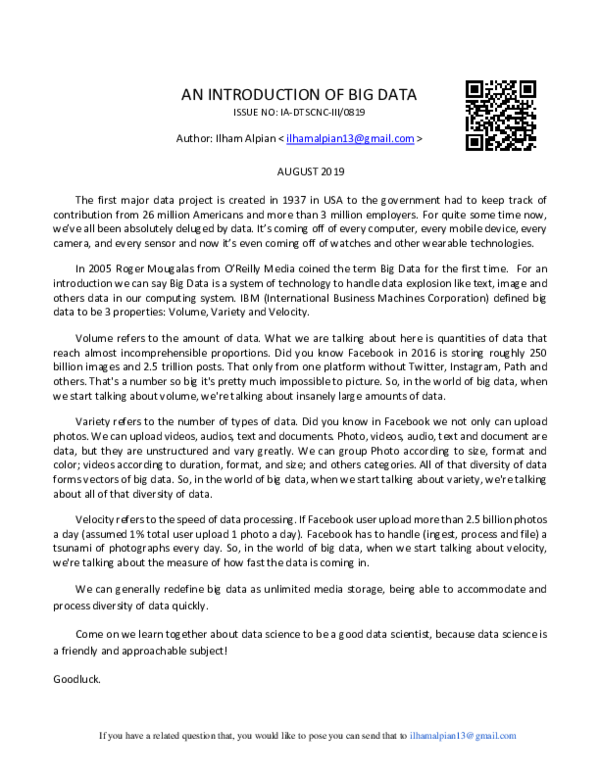 (PDF) An Introduction of Big Data