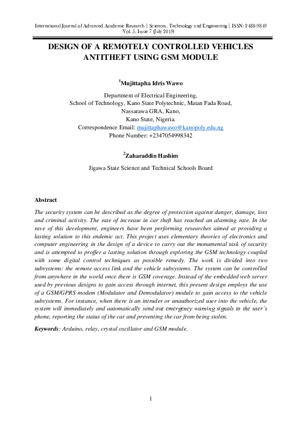 Pdf Design Of A Remotely Controlled Vehicles Antitheft Using Gsm Module