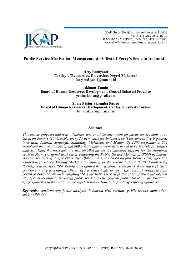 (PDF) Public Service Motivation Measurement: A Test of Perry's Scale in ...