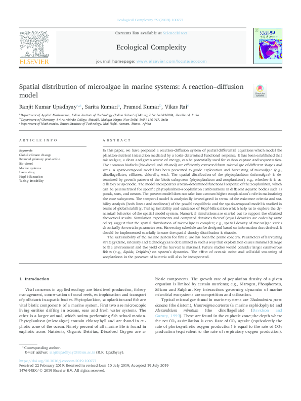 (PDF) Spatial distribution of microalgae in marine systems: A reaction-diffusion model