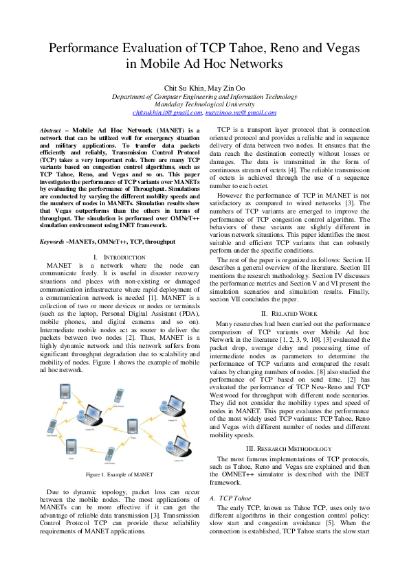Pdf Performance Evaluation Of Tcp Tahoe Reno And Vegas In Mobile Ad Hoc Networks