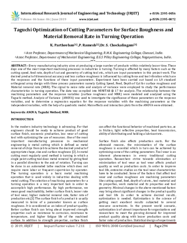 Pdf Irjet Taguchi Optimization Of Cutting Parameters For Surface