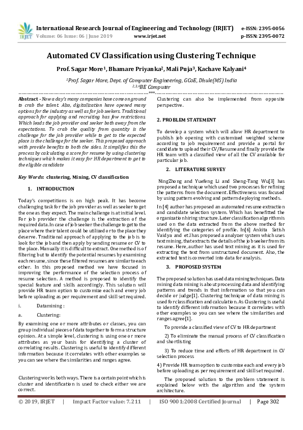 Pdf Irjet Automated Cv Classification Using Clustering Technique