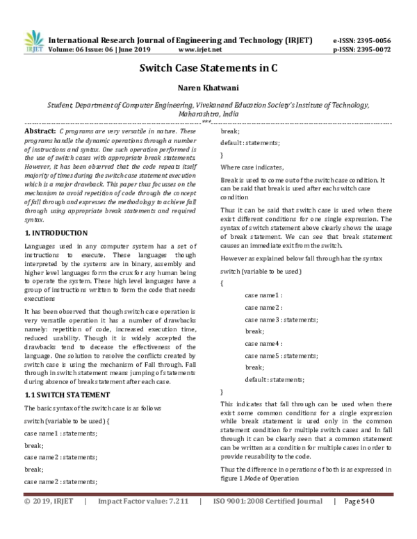 (PDF) IRJET- Switch Case Statements in C