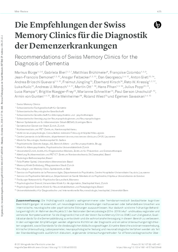 (PDF) Die Empfehlungen der Swiss Memory Clinics für die Diagnostik der ...