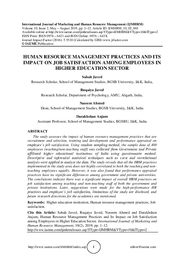 (PDF) The Impacts of Human Resource Management Practices on Employee's Job Performance | Waiphot ...