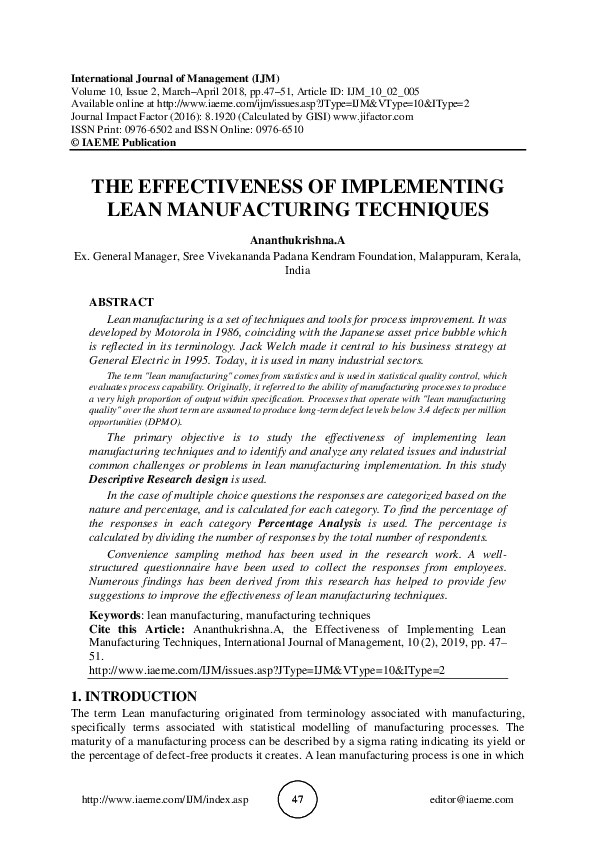 (PDF) THE EFFECTIVENESS OF IMPLEMENTING LEAN MANUFACTURING TECHNIQUES