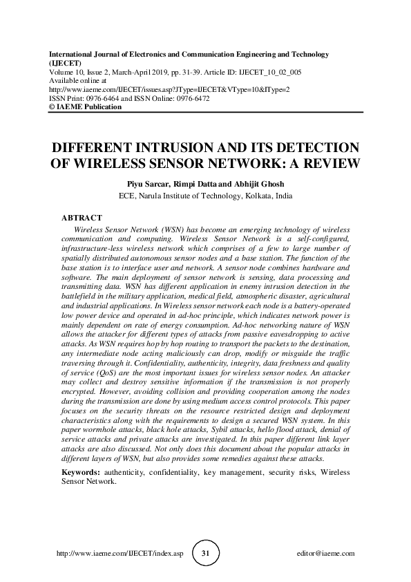 Pdf Different} {intrusion} {and} {its} {detection} {of} {wireless} {sensor} {network} A {review}~