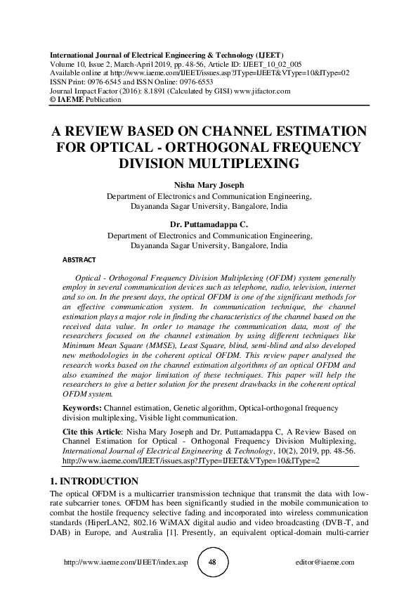 (PDF) A {REVIEW} {BASED} {ON} {CHANNEL} {ESTIMATION} {FOR} {OPTICAL} - {ORTHOGONAL} {FREQUENCY ...