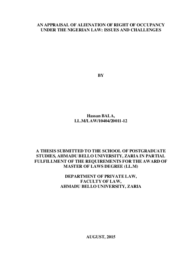 (PDF) AN APPRAISAL OF ALIENATION OF RIGHT OF OCCUPANCY UNDER THE ...