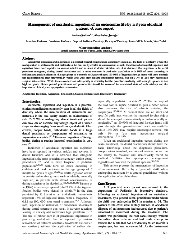 (PDF) Management of accidental ingestion of an endodontic file by a 3 ...