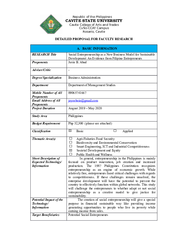 (DOC) DETAILED PROPOSAL FOR FACULTY RESEARCH