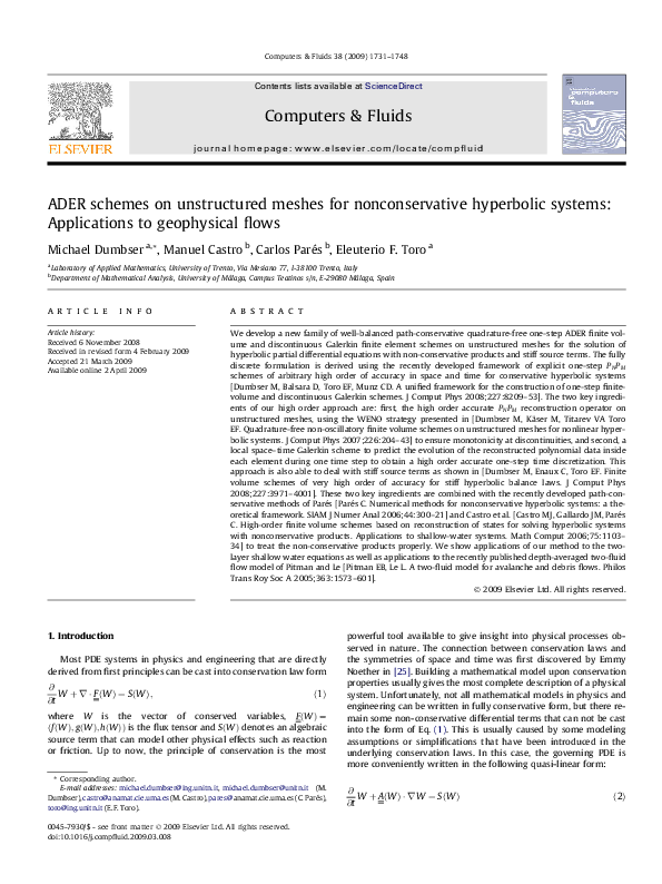 (PDF) ADER schemes on unstructured meshes for nonconservative hyperbolic systems: applications ...