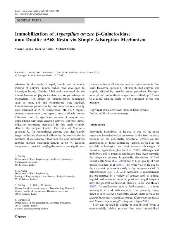 (PDF) Immobilization of Aspergillus oryzae β-Galactosidase onto Duolite ...