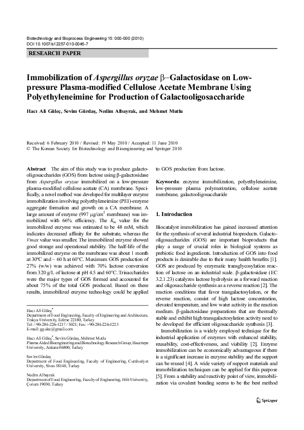 (PDF) Immobilization of Aspergillus oryzae β−Galactosidase on Low- pressure Plasma-modified ...