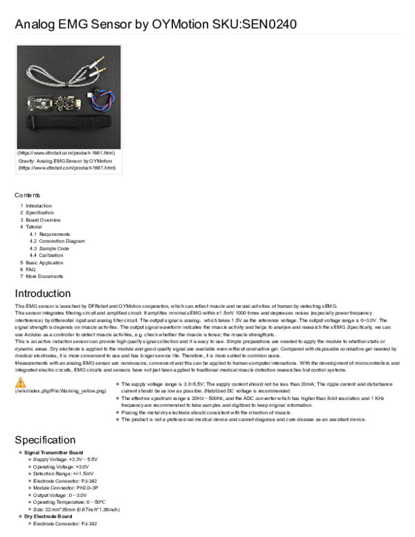 (PDF) Analog EMG Sensor by OYMotion SKU:SEN0240 Contents 1 Introduction ...