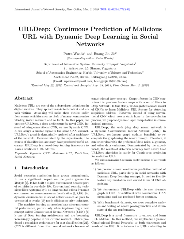(PDF) URLDeep: Continuous Prediction of Malicious URL with Dynamic Deep Learning in Social Networks