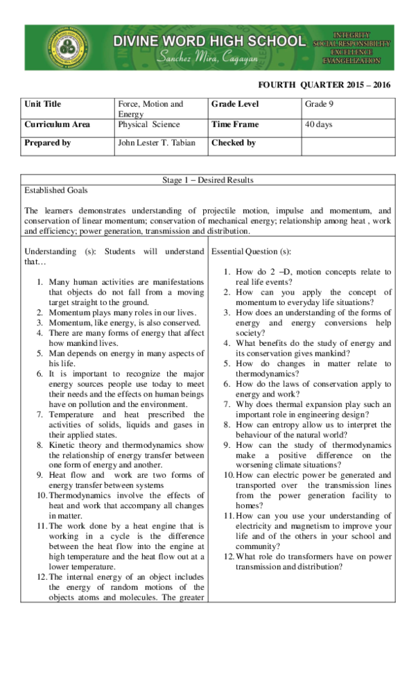 (DOC) UNIT PLAN 4TH QUARTER SCIENCE