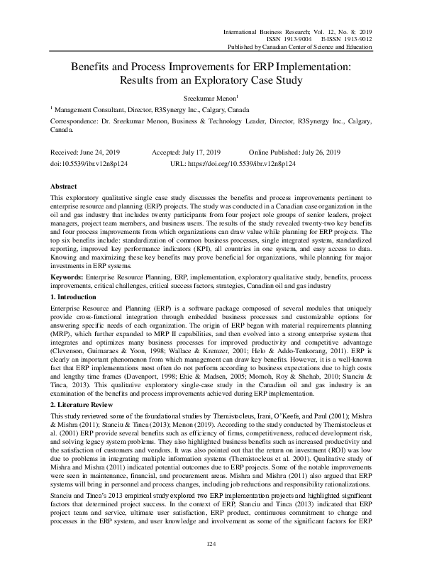 (PDF) Benefits and Process Improvements for ERP Implementation: Results from an Exploratory Case ...