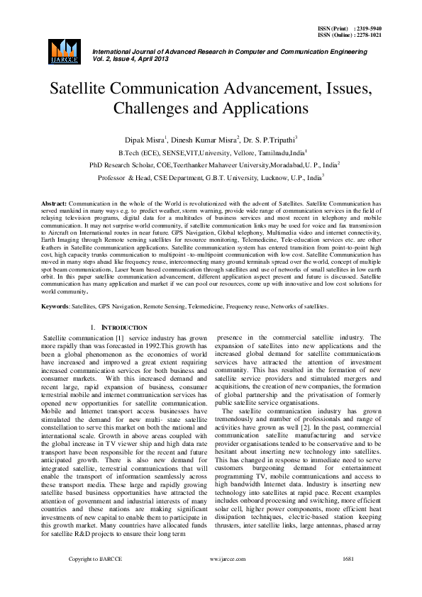(PDF) Satellite Communication Advancement, Issues, Challenges and ...