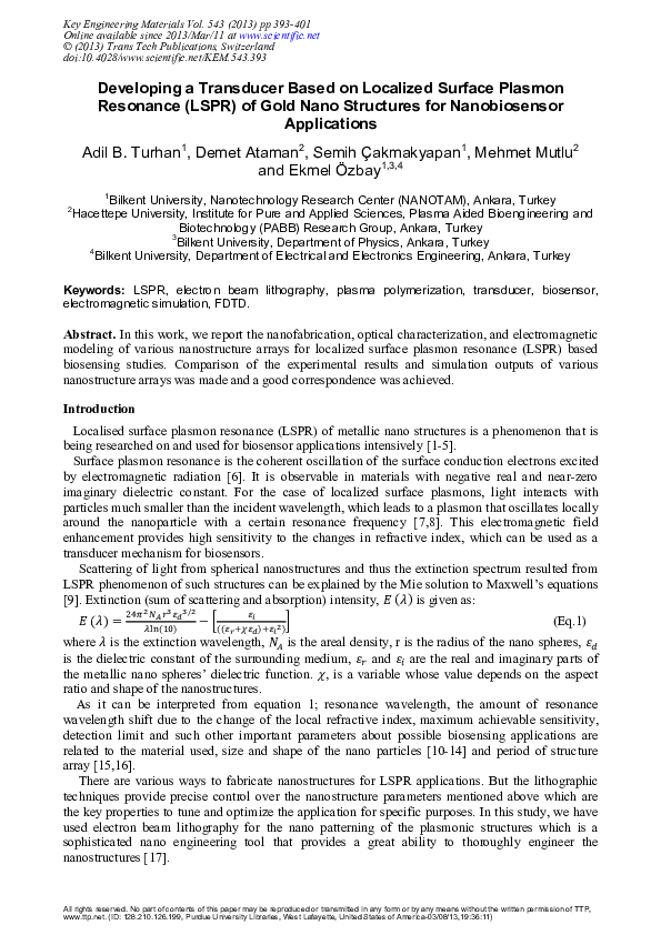 (PDF) Developing a Transducer Based on Localized Surface Plasmon Resonance (LSPR) of Gold Nano ...