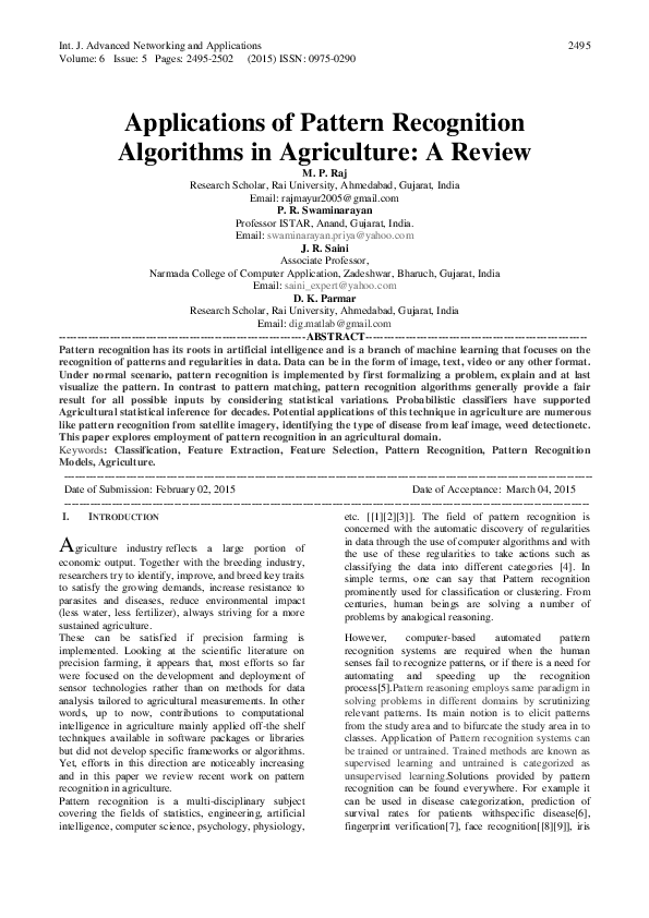 (PDF) Applications of Pattern Recognition Algorithms in Agriculture: A Review