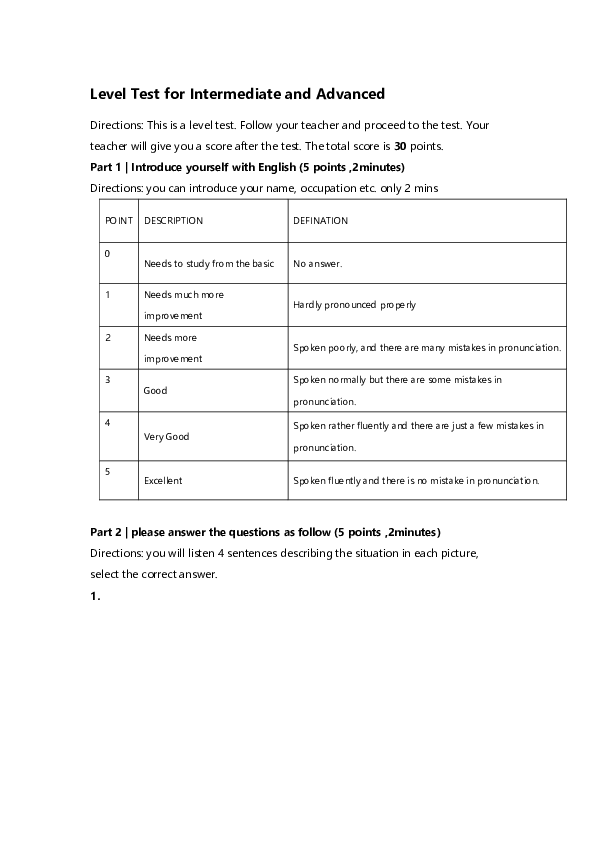 (DOC) Level Test for Intermediate and Advanced