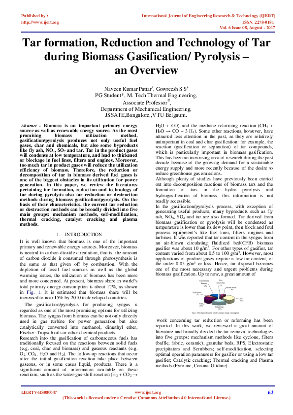 (PDF) IJERT-Tar formation, Reduction and Technology of Tar during ...