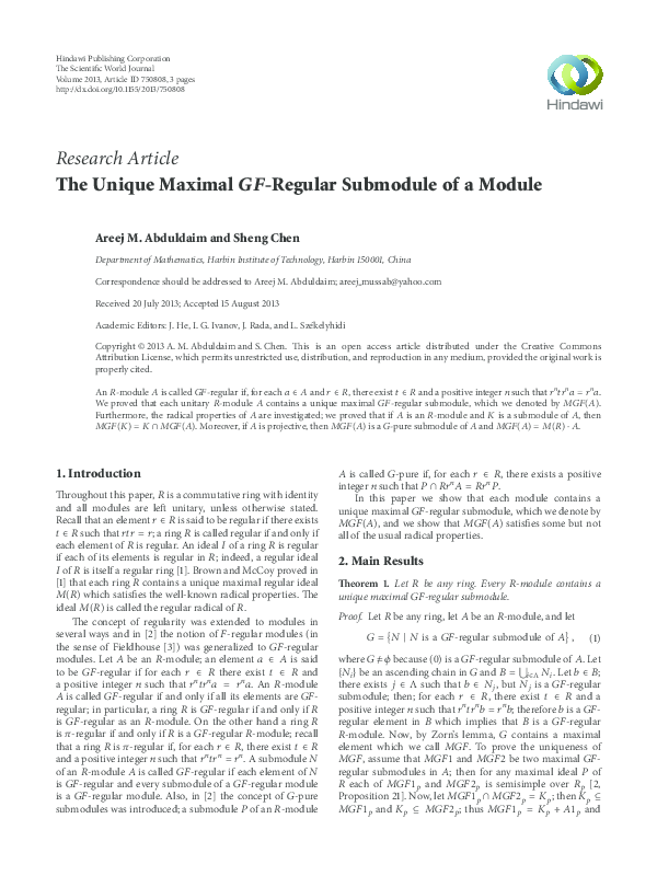 (PDF) The Unique Maximal GF-Regular Submodule of a Module