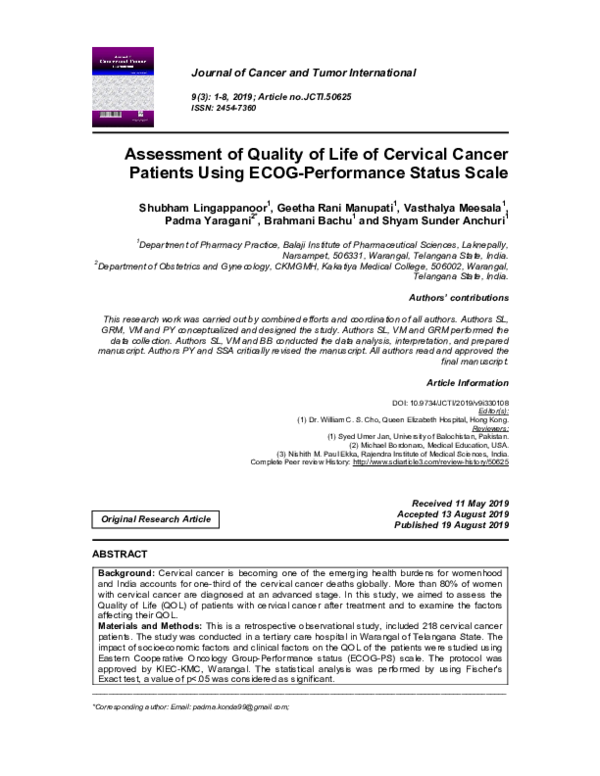 (PDF) Assessment of Quality of Life of Cervical Cancer Patients Using ...