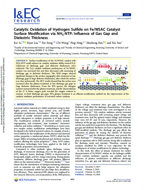 (PDF) Catalytic Oxidation of Hydrogen Sulfide on Fe/WSAC Catalyst ...