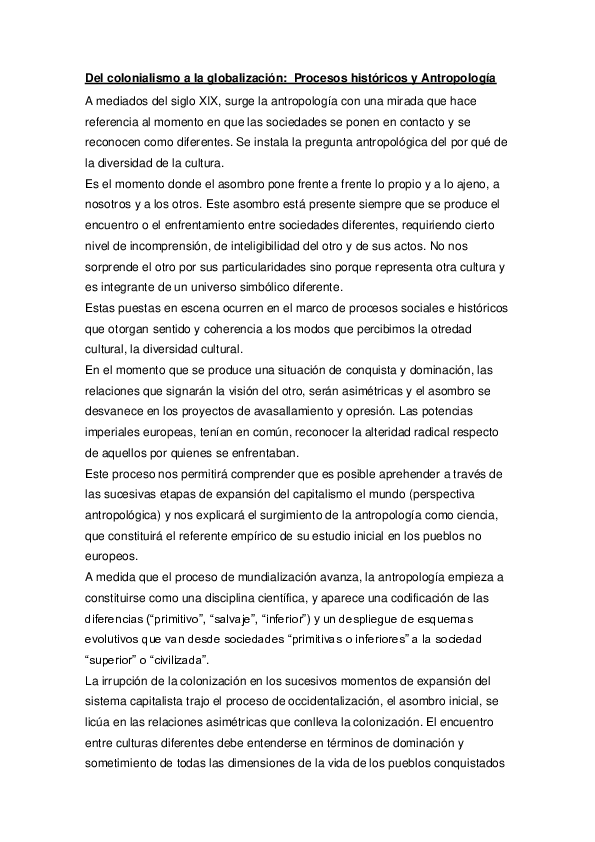 (PDF) Del colonialismo a la globalización: Procesos históricos y Antropología