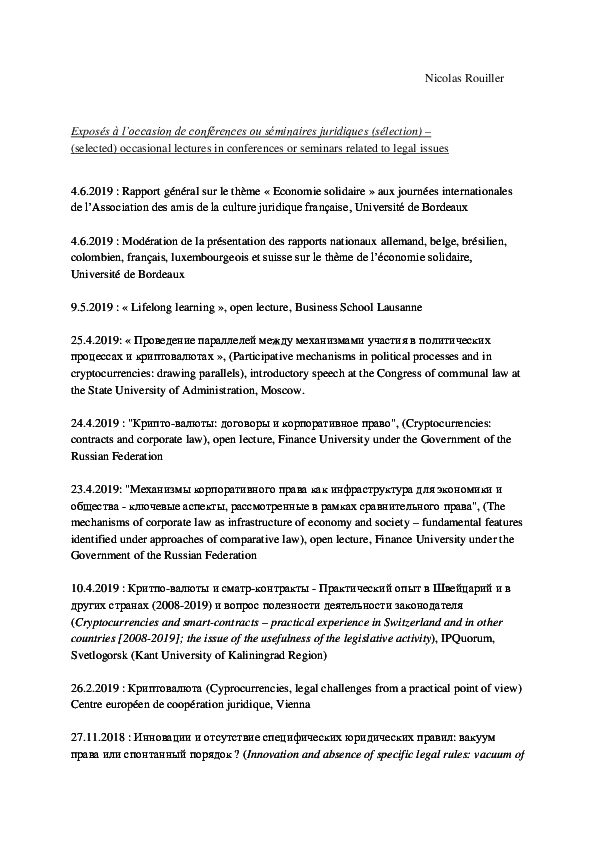 (PDF) Selected Lectures of Nicolas Rouiller