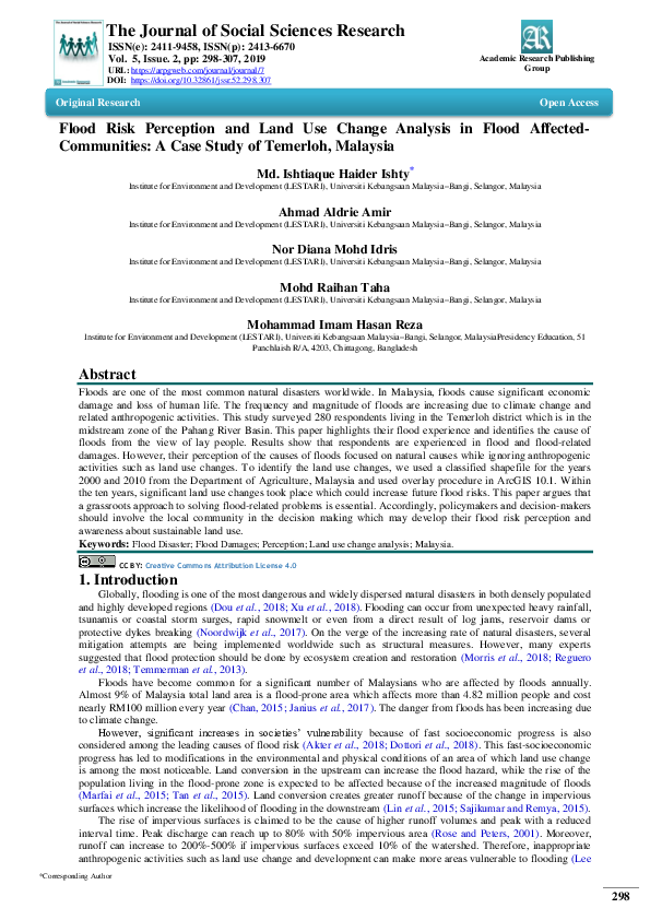 (PDF) Flood Risk Perception and Land Use Change Analysis in Flood Affected- Communities: A Case ...