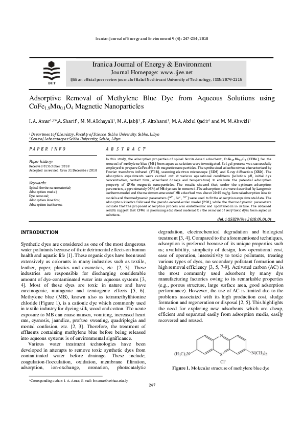 (PDF) Adsorptive Removal of Methylene Blue Dye from Aqueous Solutions using CoFe 1.9 Mo 0.1 O 4 ...