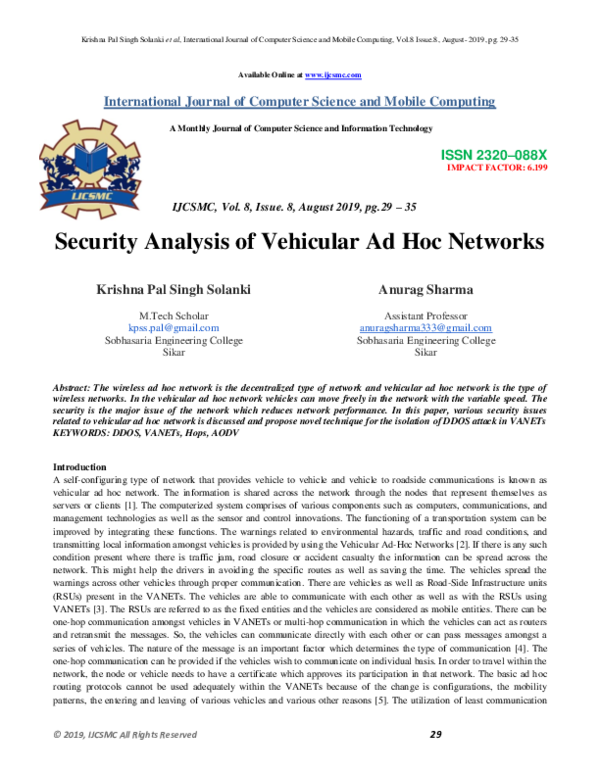 Pdf Security Analysis Of Vehicular Ad Hoc Networks Ijcsmc Journal