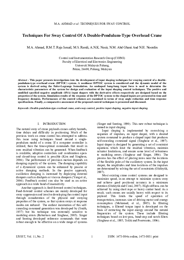 (PDF) Techniques For Sway Control Of A Double-Pendulum-Type Overhead Crane