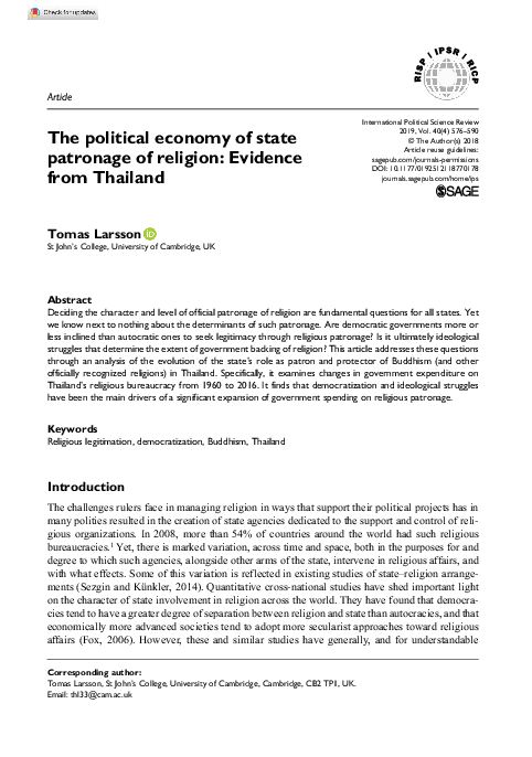 (PDF) The political economy of state patronage of religion: Evidence ...