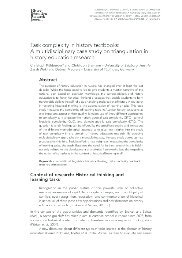 (PDF) 2019: Task Complexity in History Textbooks. A multidisciplinary Case Study
