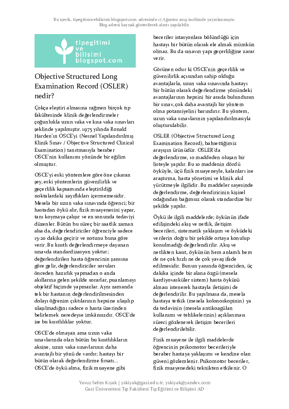 (PDF) Objective Structured Long Examination Record (OSLER) Nedir? | Tıp ...