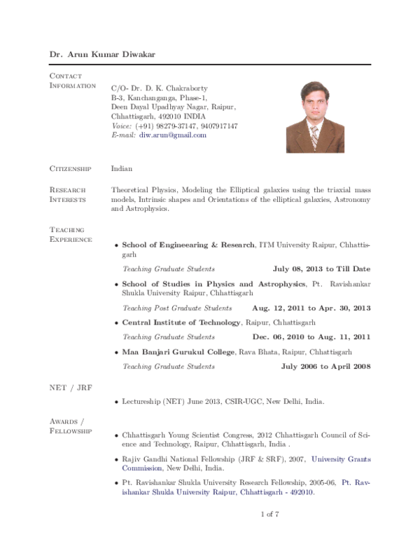 (PDF) Cv Dr Arun Kumar Diwakar